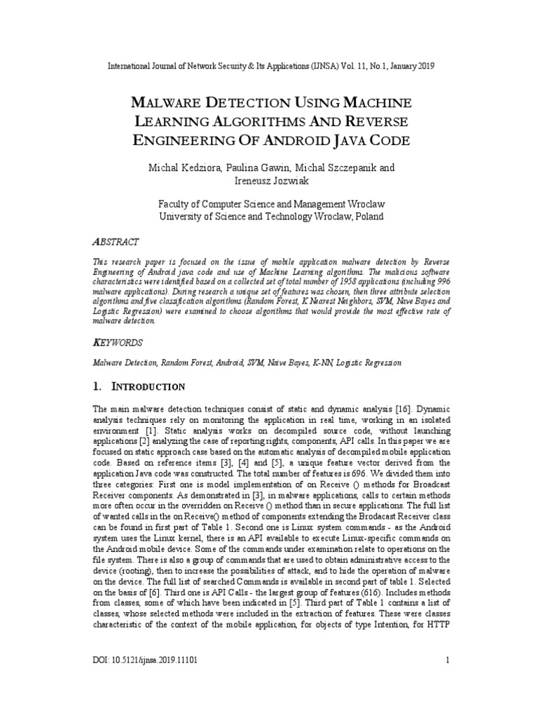 Malware Detection Using Machine Learning Algorithms And Reverse Engineering Of Android Java Code