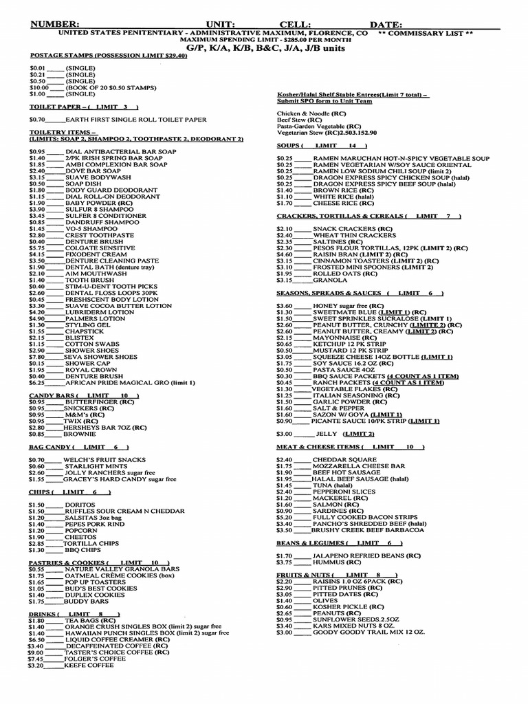 Adx Florence Colorado SuperMax Commissary List | Ramen | Sausage