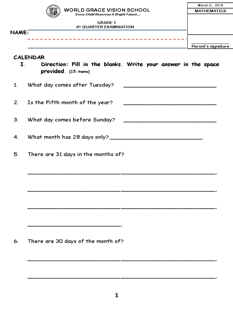 Grade 1 4th Quarter Exam Review | PDF | Weather | Rain