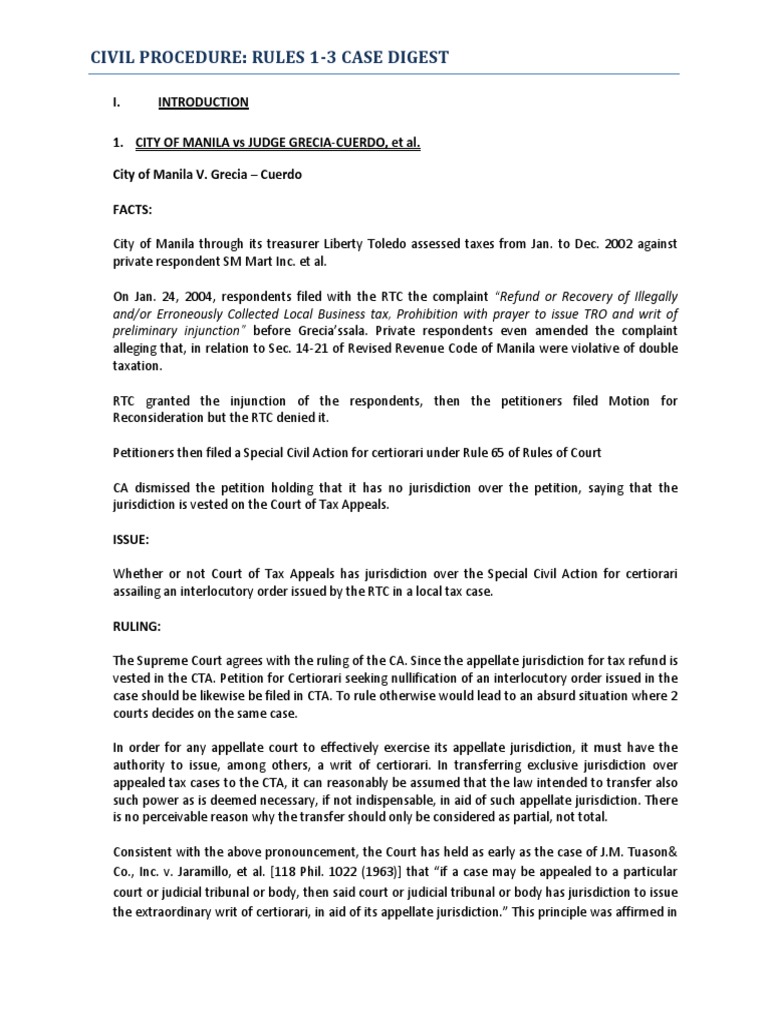 CIVPRO Rule 1 3 Case Digest | PDF | Complaint | Certiorari