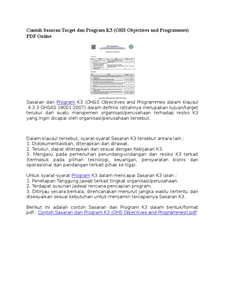 Contoh Sasaran Target Dan Program K3 | PDF