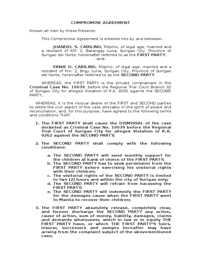 Amicable Resolution: Compromise Agreement to Settle Domestic Violence ...
