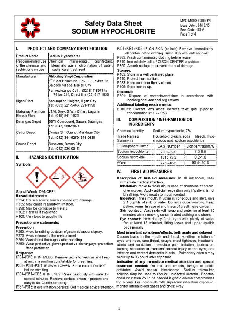 MSDS Hypo | PDF | Chlorine | Bleach