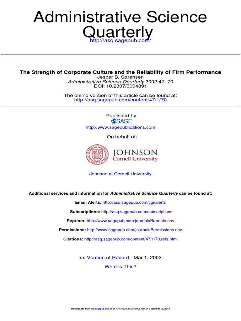 Quarterly Administrative Science: The Strength of Corporate Culture and ...