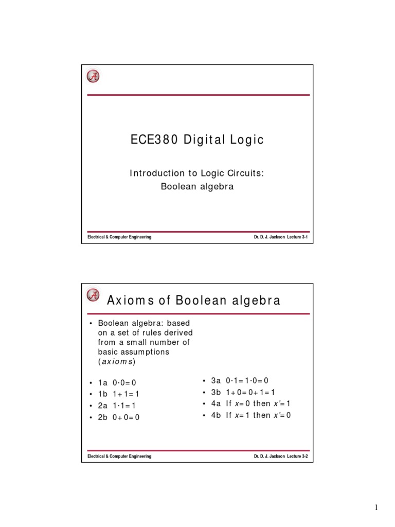 ECE380 Digital Logic: Introduction To Logic Circuits: Boolean Algebra | PDF | Boolean Algebra ...