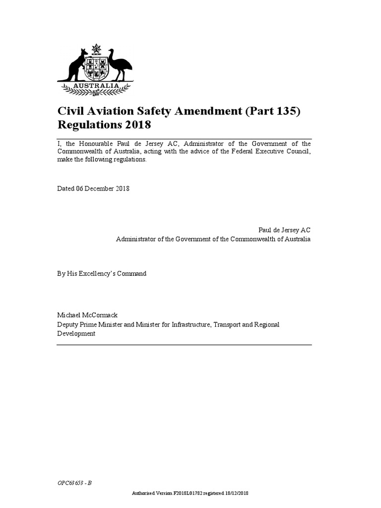 Civil Aviation Safety Amendment (Part 135) Regulations 2018 Summary ...