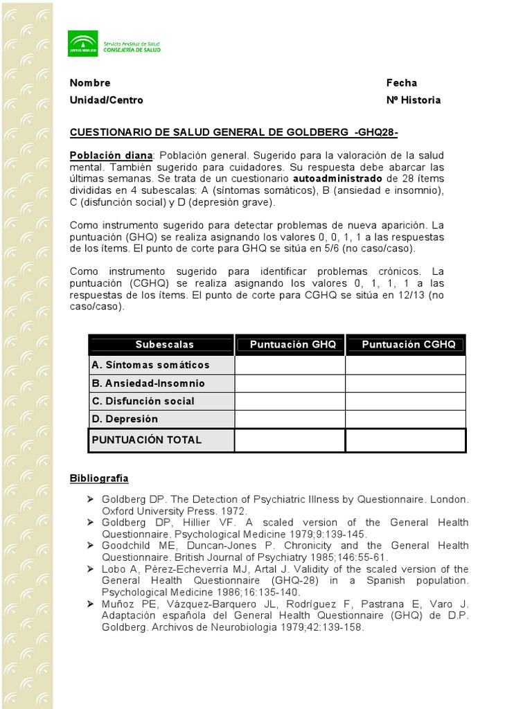 Cuestionario de Salud de Goldberg | PDF | Salud mental | Campos ...