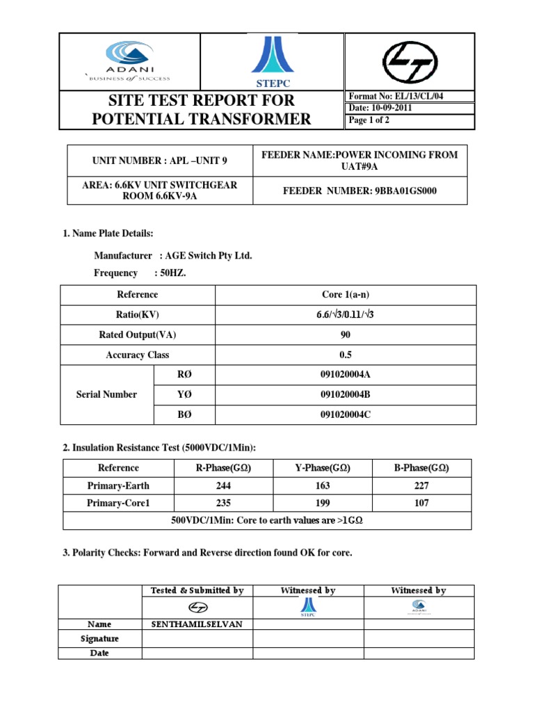 Site Test Report For Potential Transformer: Stepc | PDF | Transformer ...