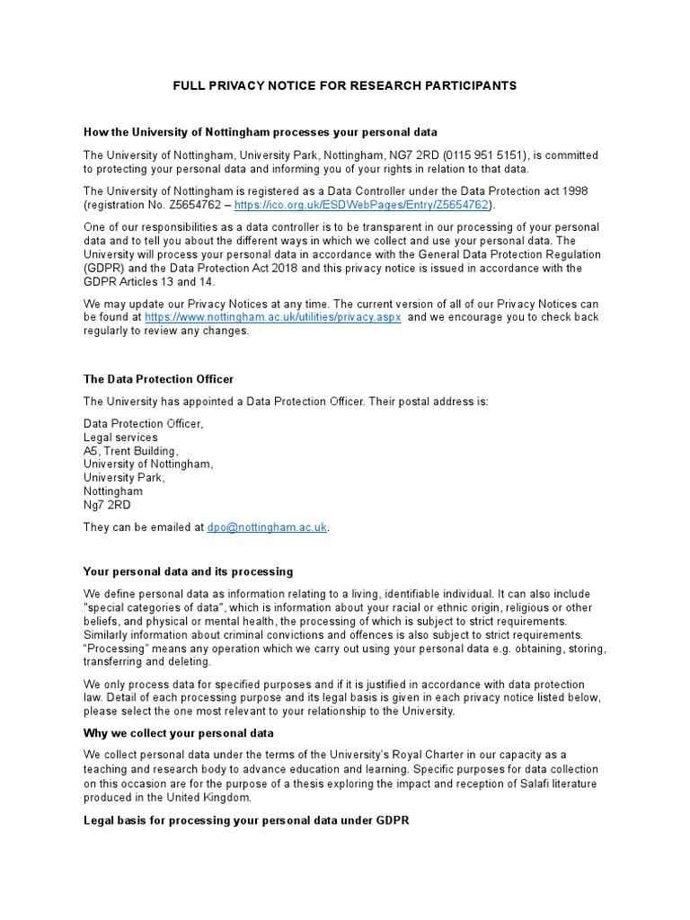 Privacy Notice for Research Participants | PDF | Personally ...