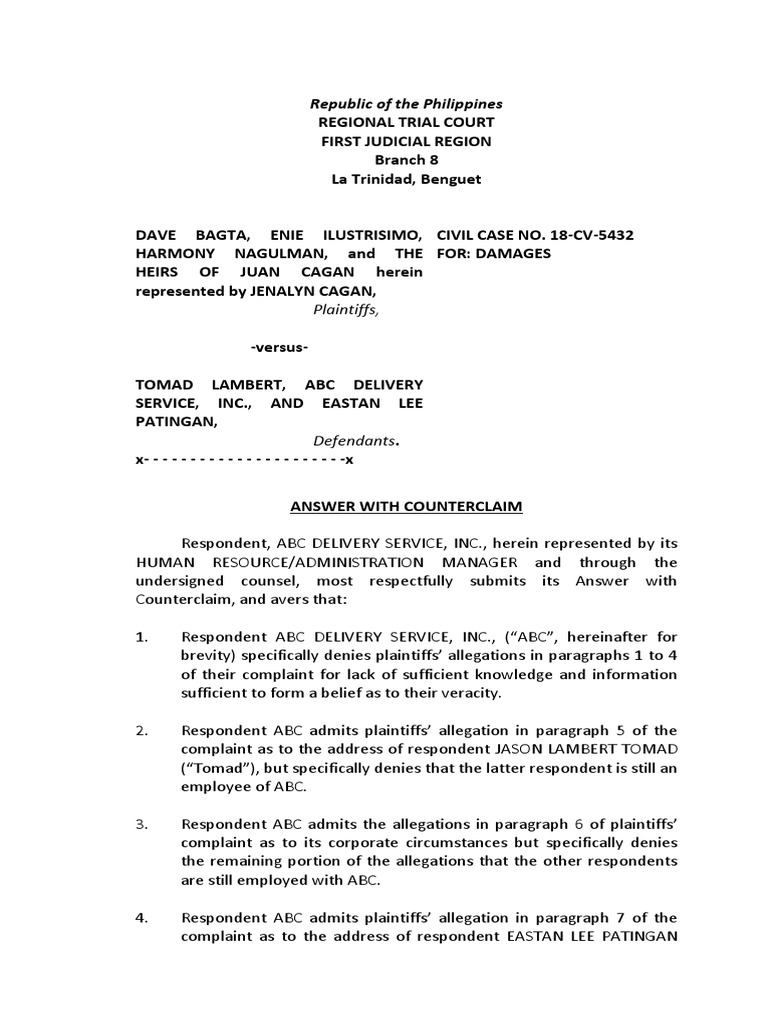 Answer To A Complaint Sample | PDF | Negligence | Vicarious Liability