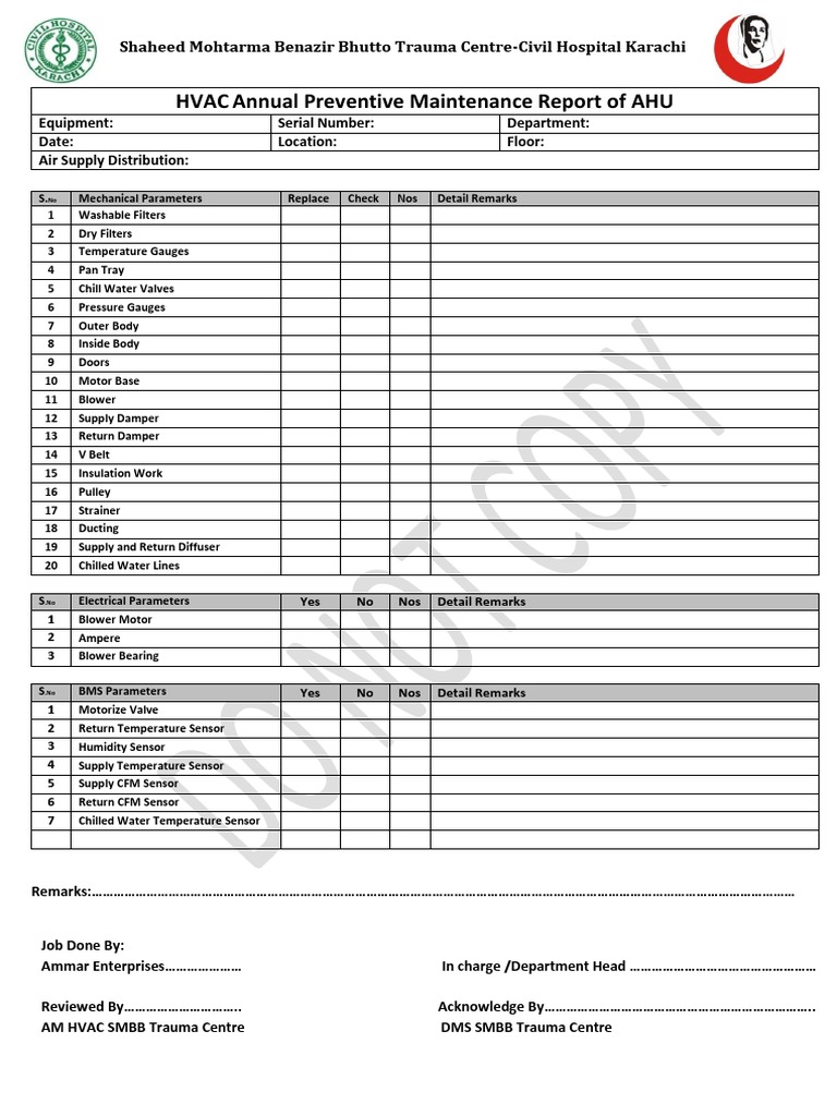 Hvac Annual Preventive Maintenance Report of AHU: Shaheed Mohtarma ...