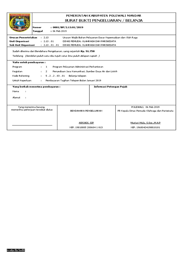 Contoh Kwitansi Pengeluaran | PDF