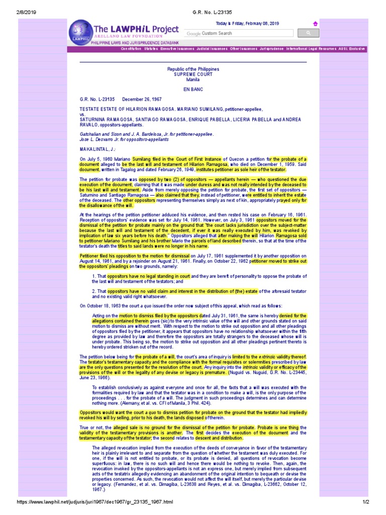 Sumilang V Ramagosa (Case) | PDF | Will And Testament | Probate