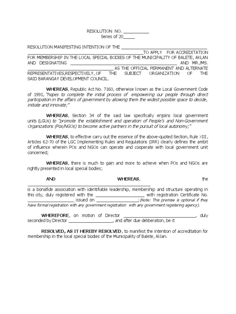 Draft Resolution Manifesting Intention To Be Accredited by The ...