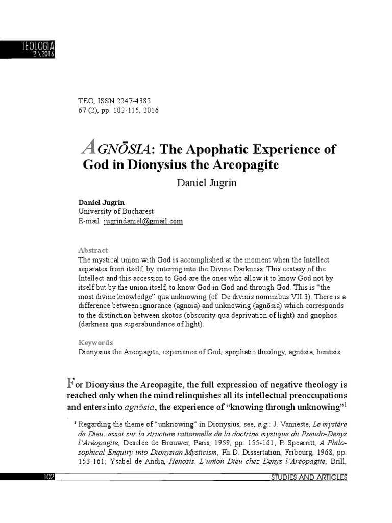 AGNOSIA The Apophatic Experience of God in Dionysius The Areopagite PDF ...