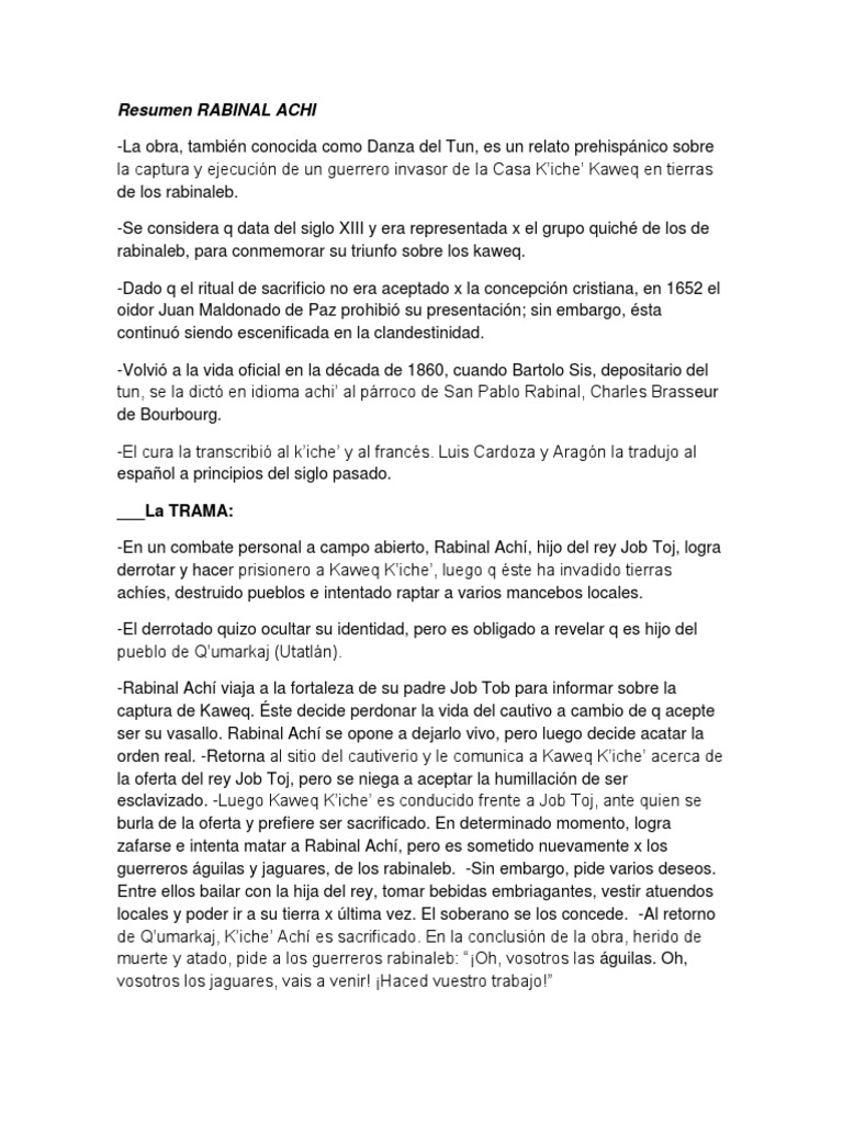 Resumen Rabinal Achi | PDF | Clásicos