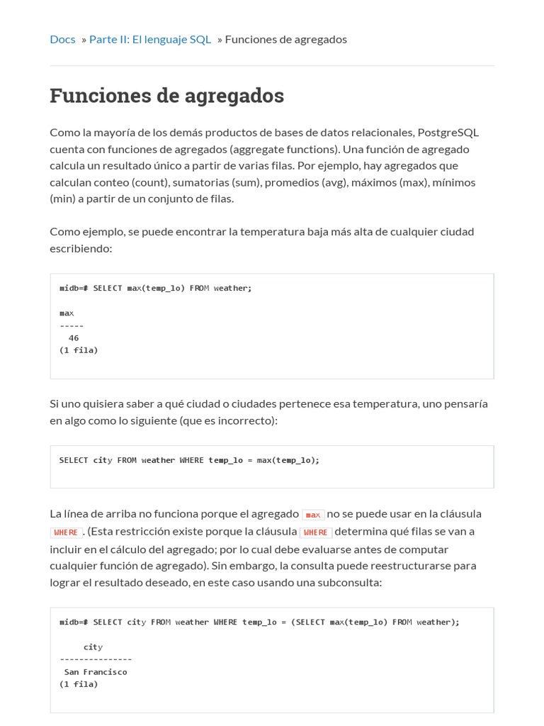 Funciones de Agregados SQL PDF | PDF | SQL | Programación de computadoras