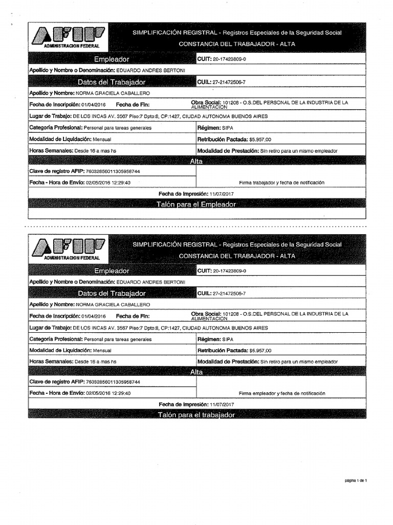 Ejemplo de Constancia de Trabajador Alta Afip | PDF