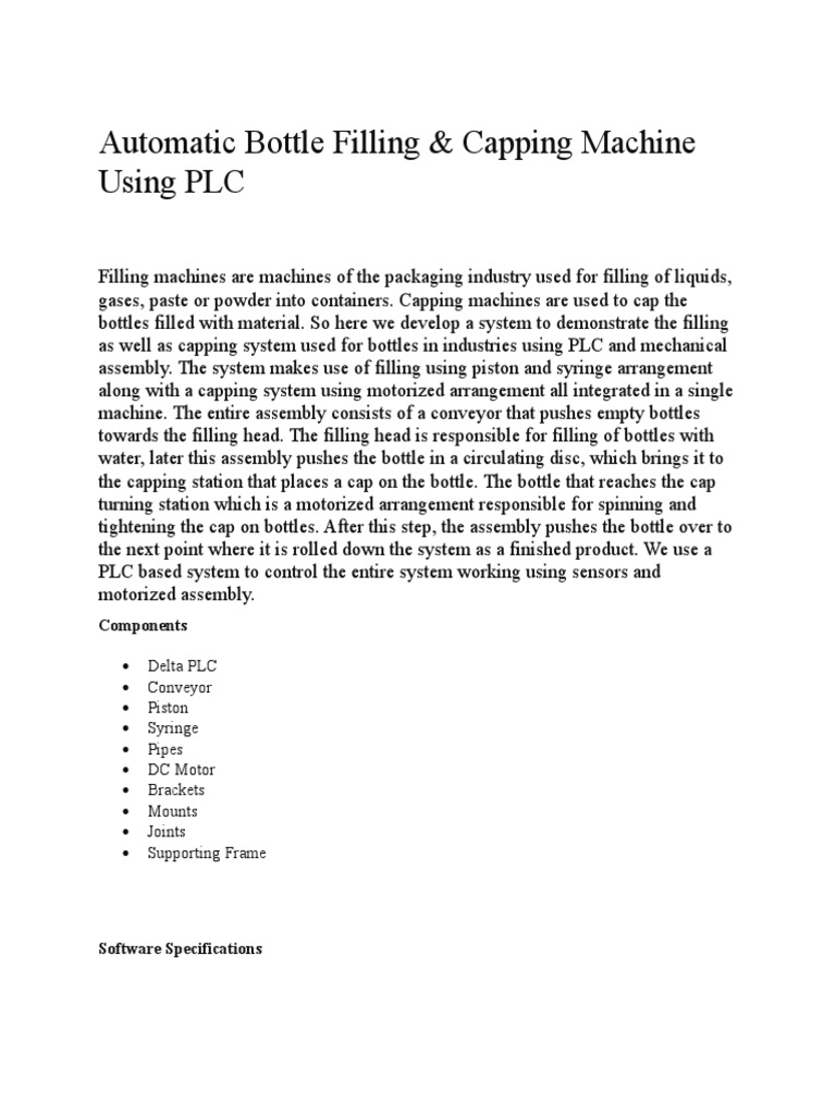 Automatic Bottle Filling & Capping Machine Using PLC: Components | PDF | Business | Computers