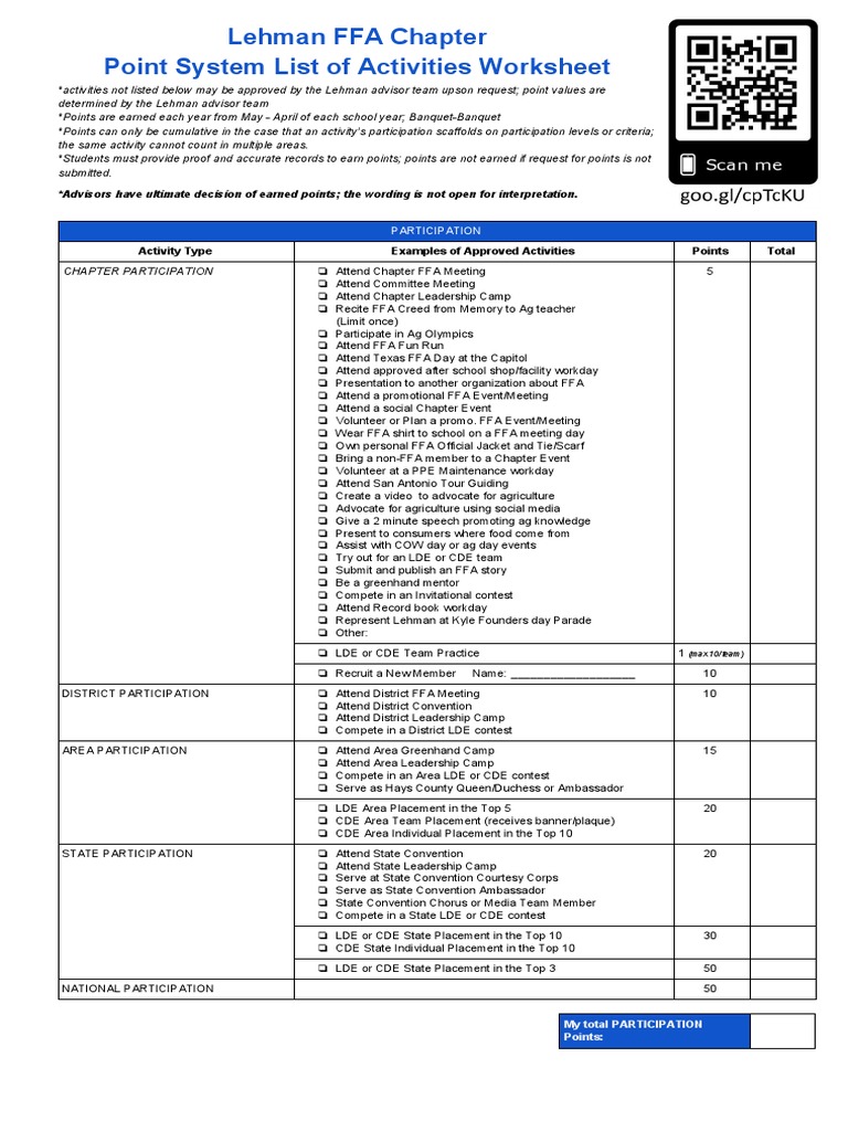 Lehman FFA Chapter Point System List of Activities Worksheet | PDF