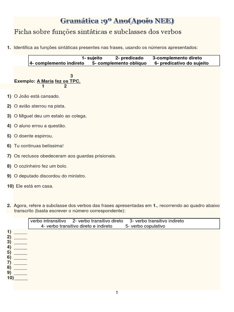 Gramática Subclasses Do Verbo - 9ºano-Apoio | PDF | Assunto (gramática) | Sintaxe
