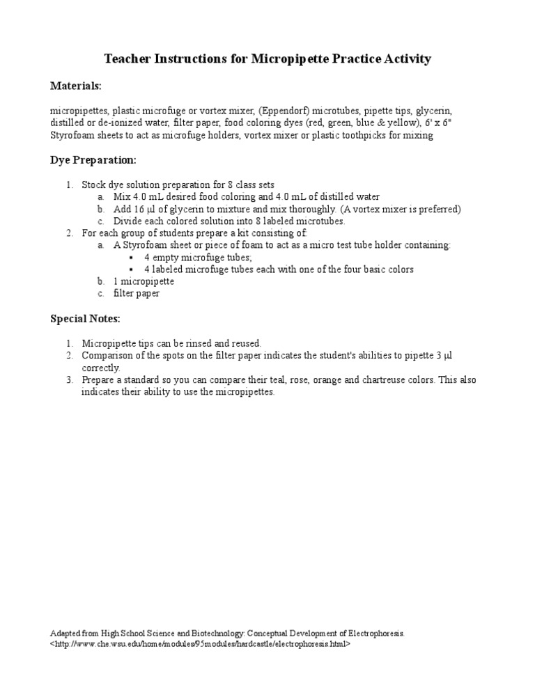 Teacher Instructions For Micropipet Practice Activity | PDF | Science ...