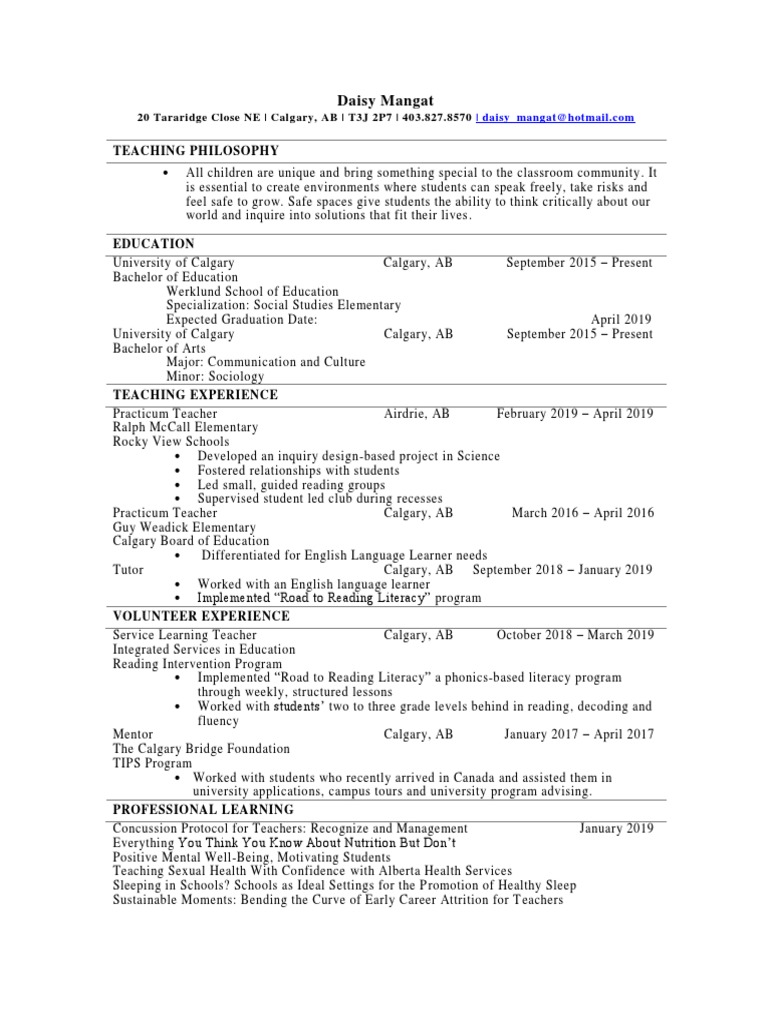 2019 - Resume - Teachinggeneral | PDF | Teachers | Literacy