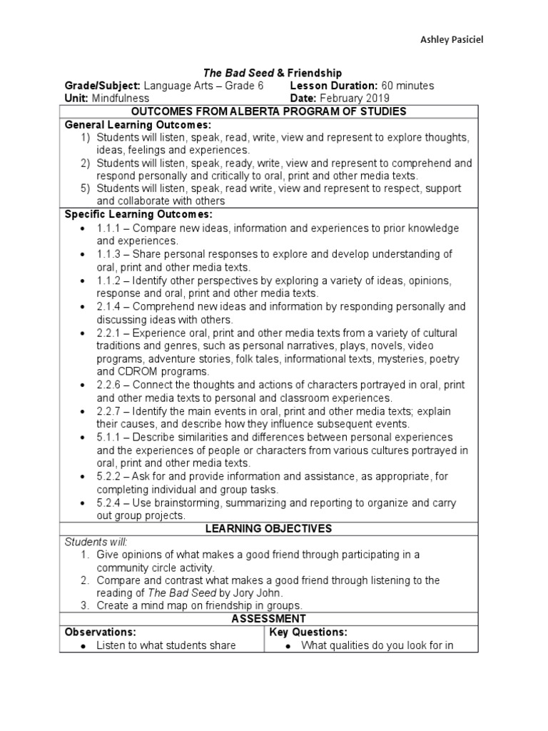 The Bad Seed Lesson Plan | PDF | Narrative | Mass Media