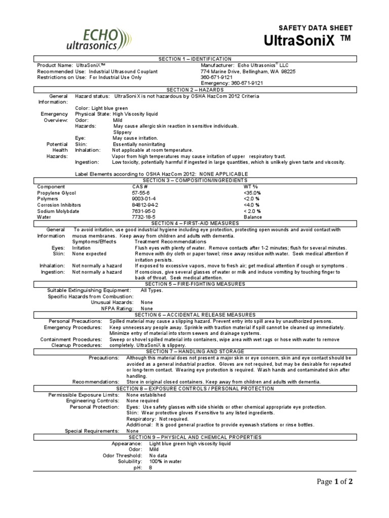 Ultrasonic Couplant MSDS | PDF | Ultrasound | Volatile Organic Compound