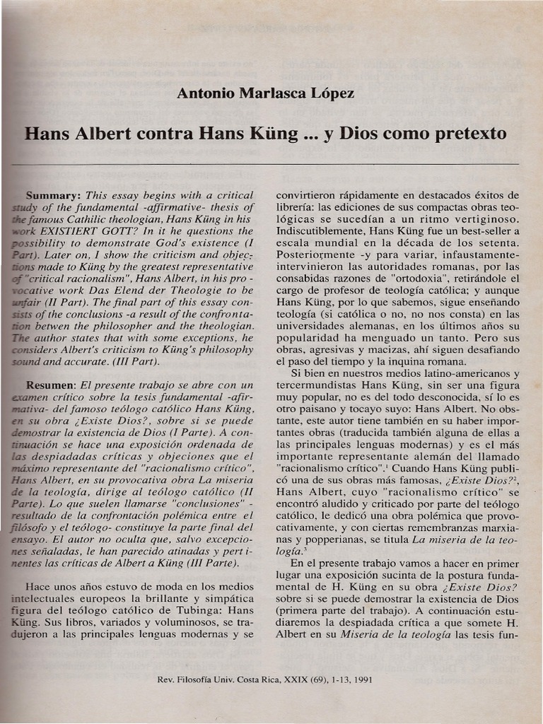 Hans Albert Contra Hans Kung y Dios Como Pretexto PDF | PDF | Ateísmo ...
