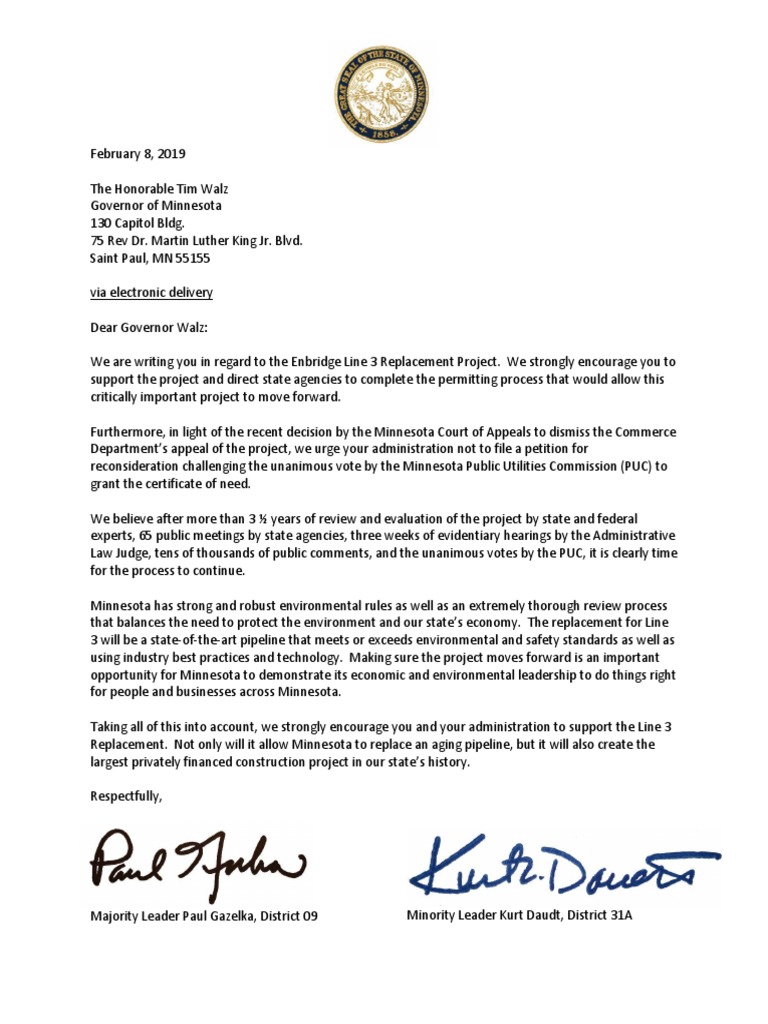 Letter Urging Governor Walz to Support Line 3 | Minnesota