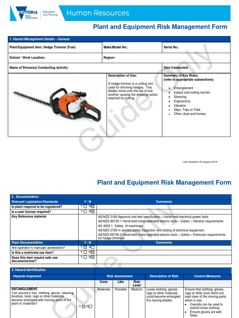 Plant and Equipment Risk Management Form: 1. Hazard Management Details ...