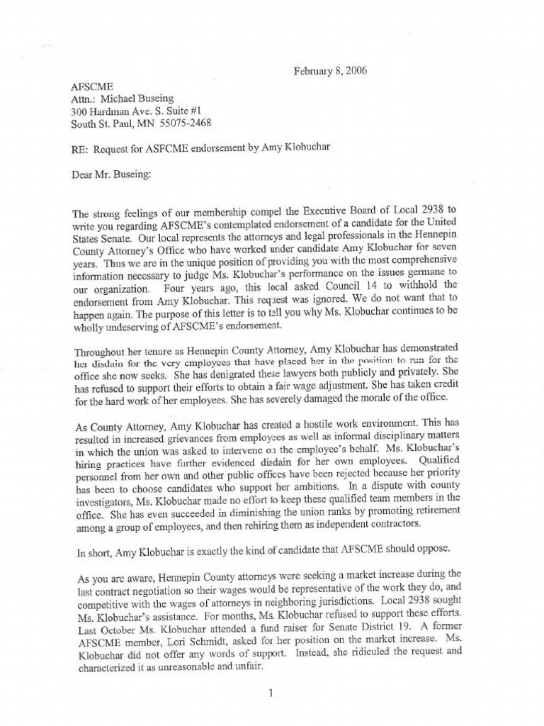 AFSCME Letter on Amy Klobuchar (2006) | United States Senate | American ...