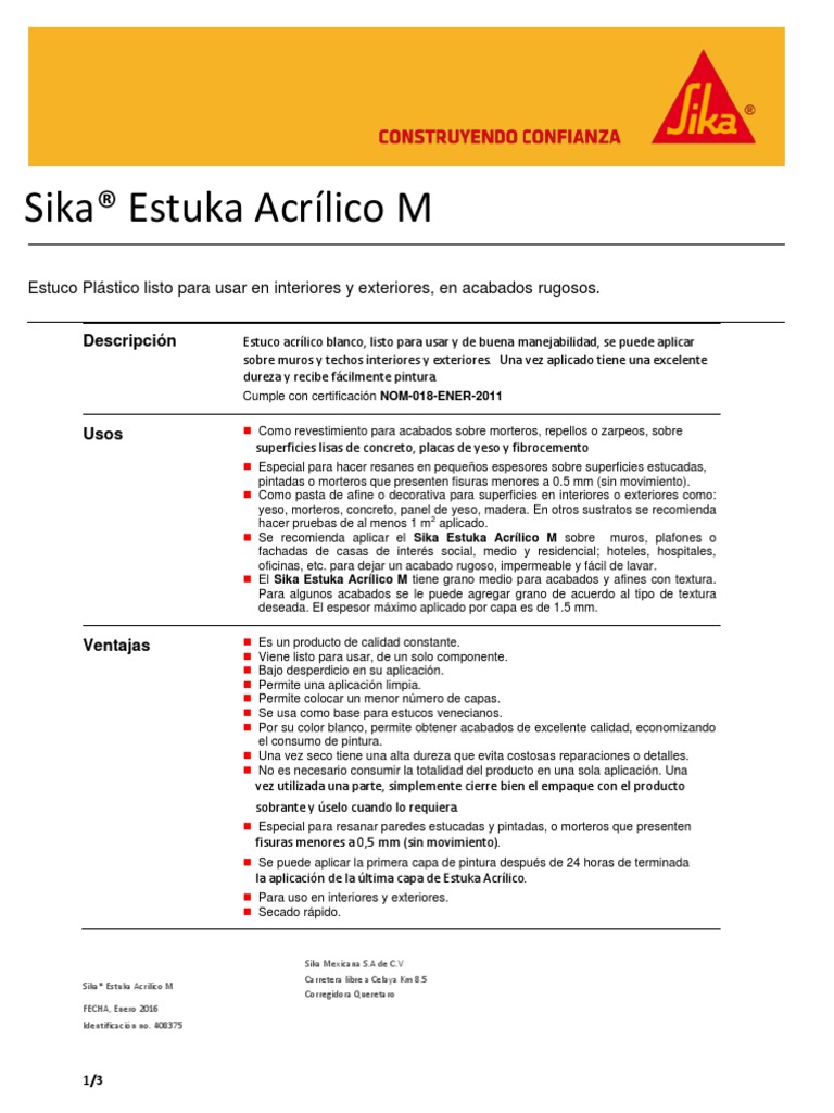 Ficha Técnica Estuco SIKA | PDF | Pintar | Agua