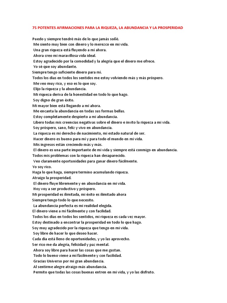 75 Potentes Afirmaciones para La Riqueza | PDF | Riqueza | Felicidad