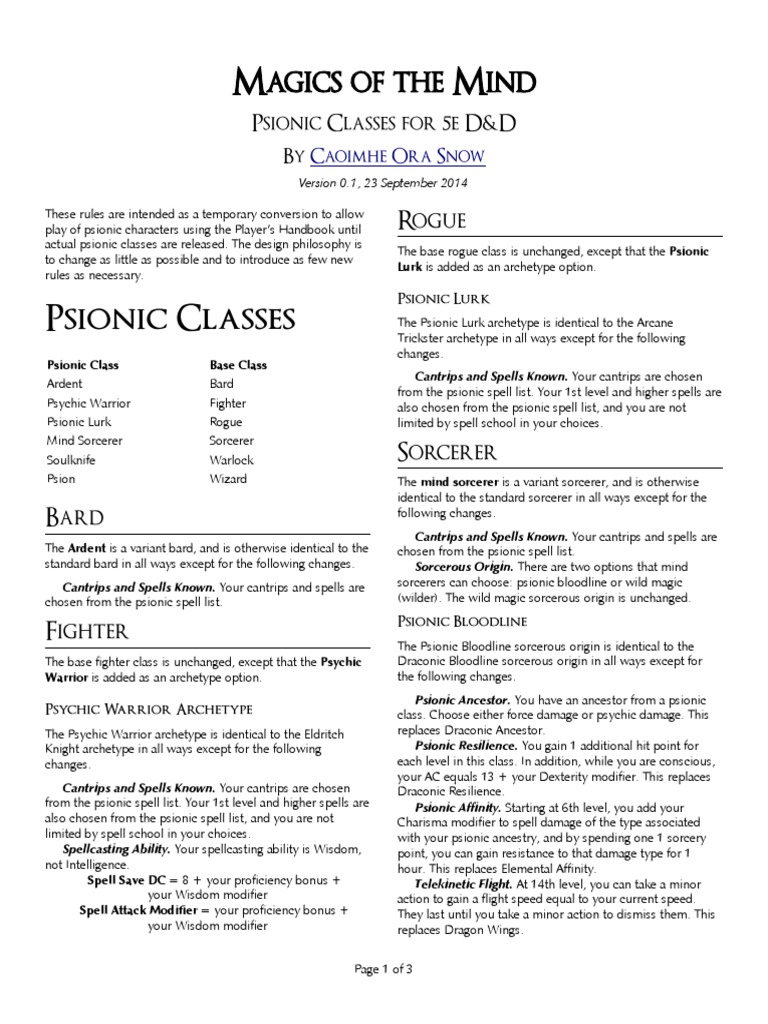 5e Houserule Psionic Classes PDF | PDF | Gary Gygax Games | D20 System