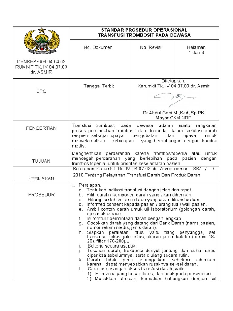 Prosedur Transfusi Trombosit Dewasa | PDF