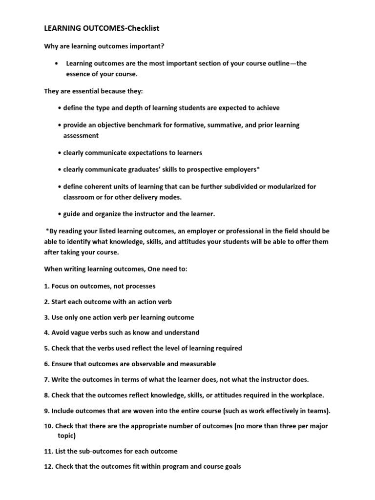 LEARNING OUTCOMES Checklist | Download Free PDF | Educational ...