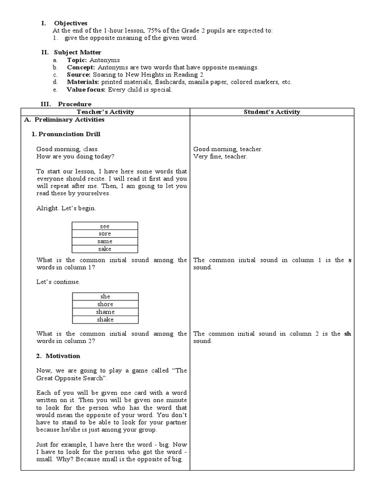 Antonyms - Lesson Plan | PDF