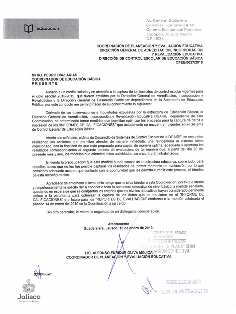 Oficio Cpee 0027-2019 Informes Calificaciones | PDF | Educación primaria | Evaluación