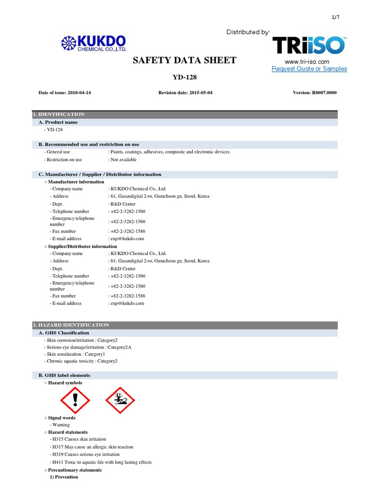 Epokukdo Yd-128 Kukdo Sds | Dangerous Goods | Chemistry