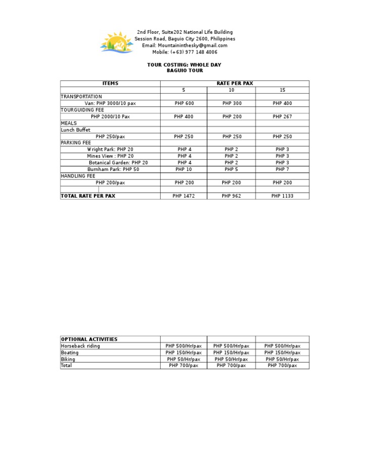 Tour Costing: Whole Day Baguio Tour Items Rate Per Pax | PDF
