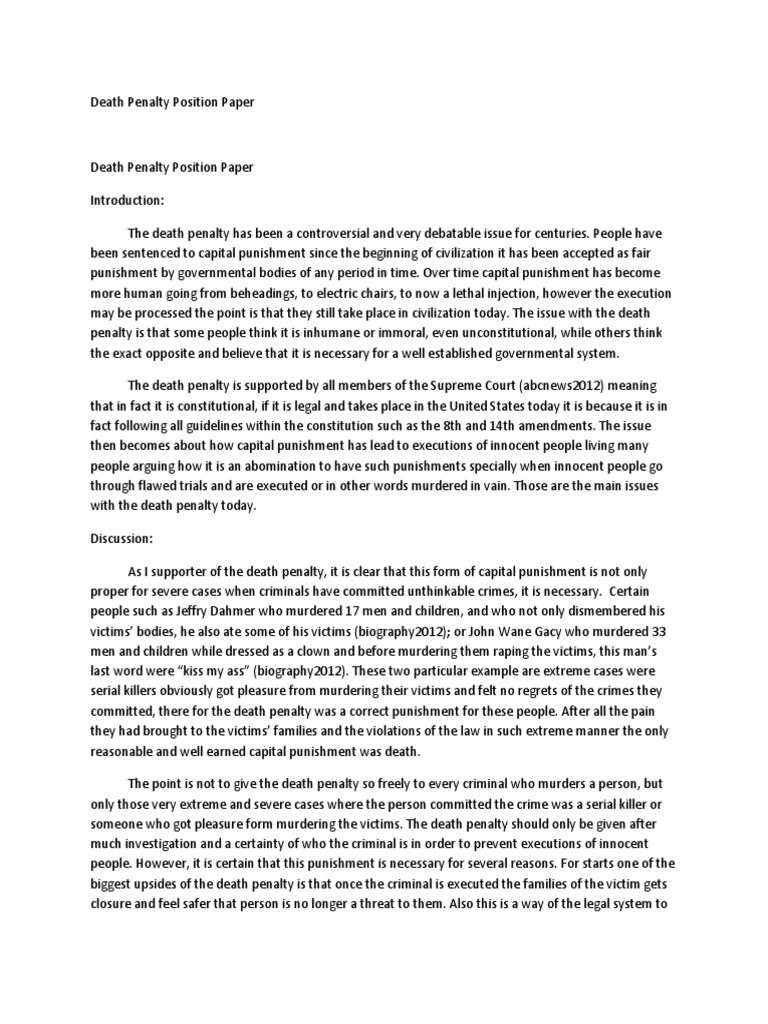 Death Penalty Position Paper | PDF | Capital Punishment In The United ...