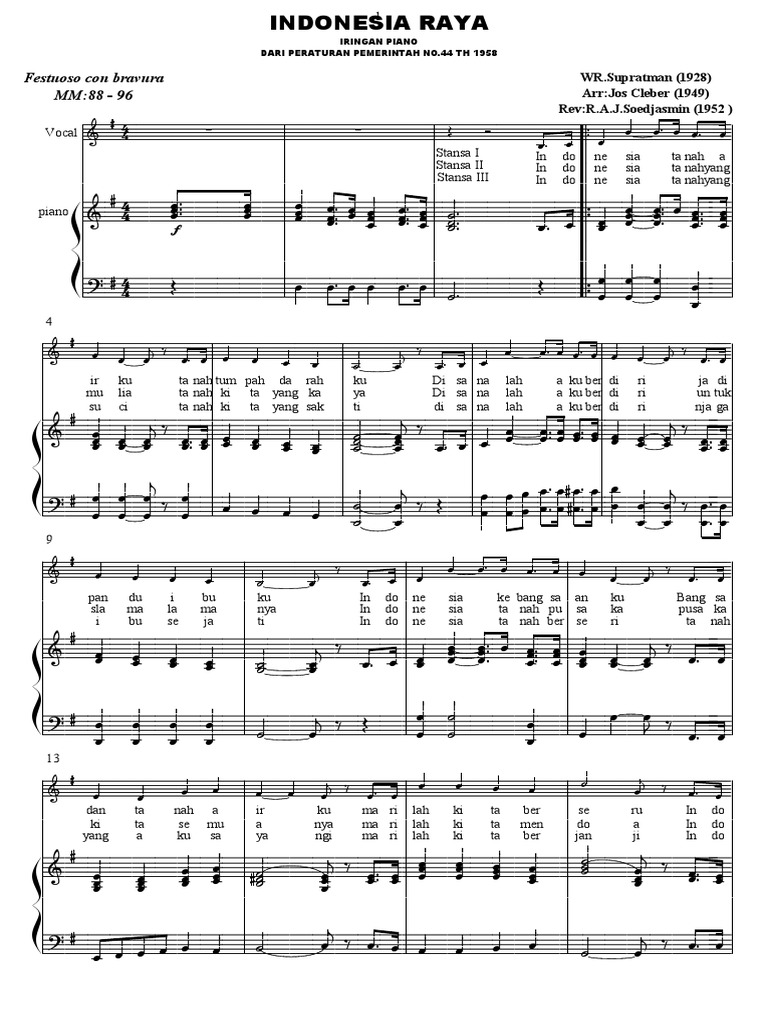 Indonesia Raya Partitur Piano Dengan Introduksi Vokal 3 Stanza PDF | PDF