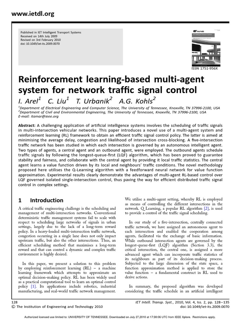 Reinforcement Learning Based Multiagent System For Network Traffic Signal Control | PDF ...