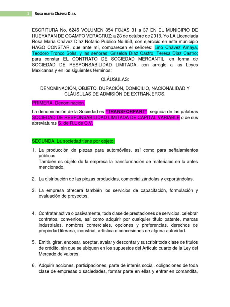 Acta Constitutiva de Una Sociedad de Responsabilidad Limitada | Sociedad de responsabilidad ...