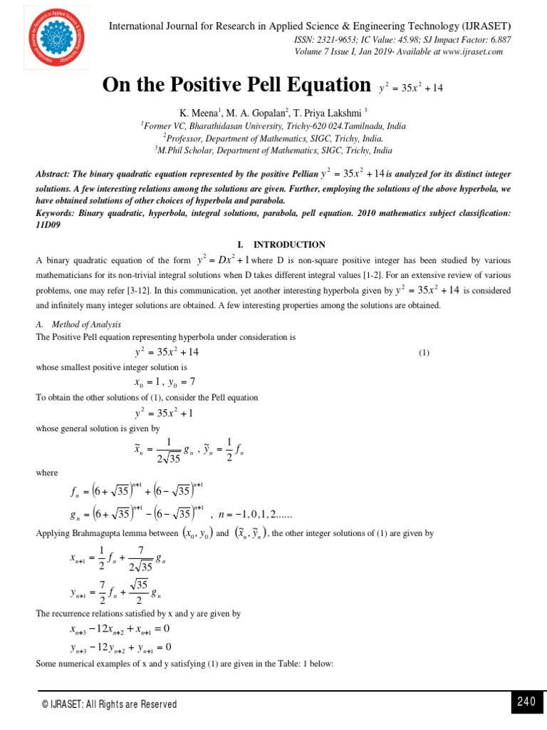 On The Positive Pell Equation | PDF | Quadratic Equation | Equations