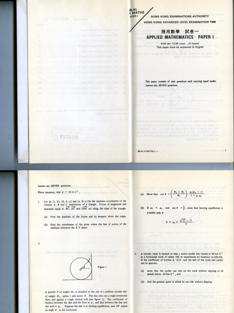 1988 AL Applied Mathematics Paper 1, 2 | PDF 1988 AL Applied Mathematics Paper 1, 2 | PDF