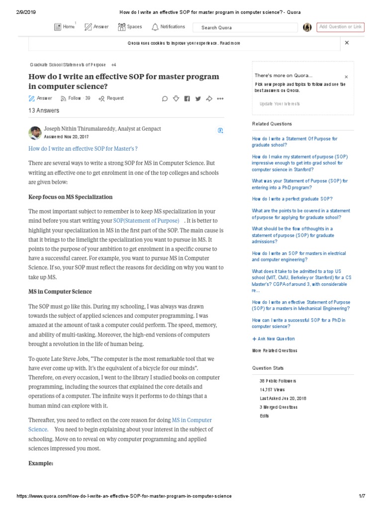 SOP for Master Program in Computer Science | Question | Graduate School