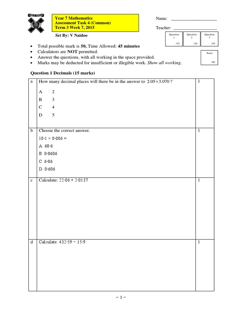 Deciphering Decimals: An Analysis of a Year 7 Mathematics Assessment ...